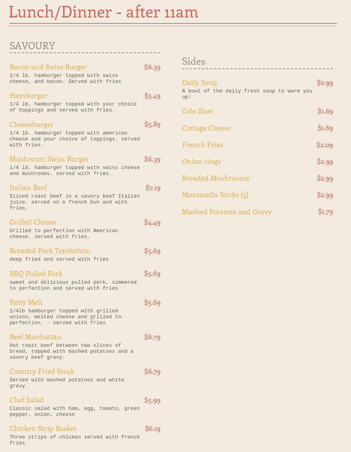 Renee's Cafe menu in Union Mills, Indiana, USA