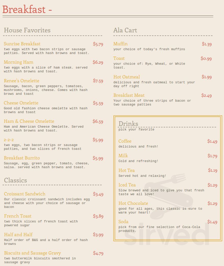 Renee's Cafe menu in Union Mills, Indiana, USA