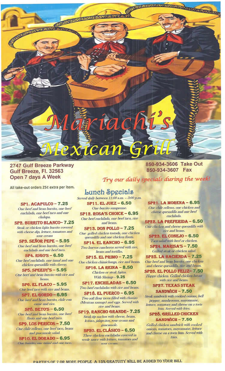 Mariachi's Mexican Grill menus in Gulf Breeze, Florida, United States