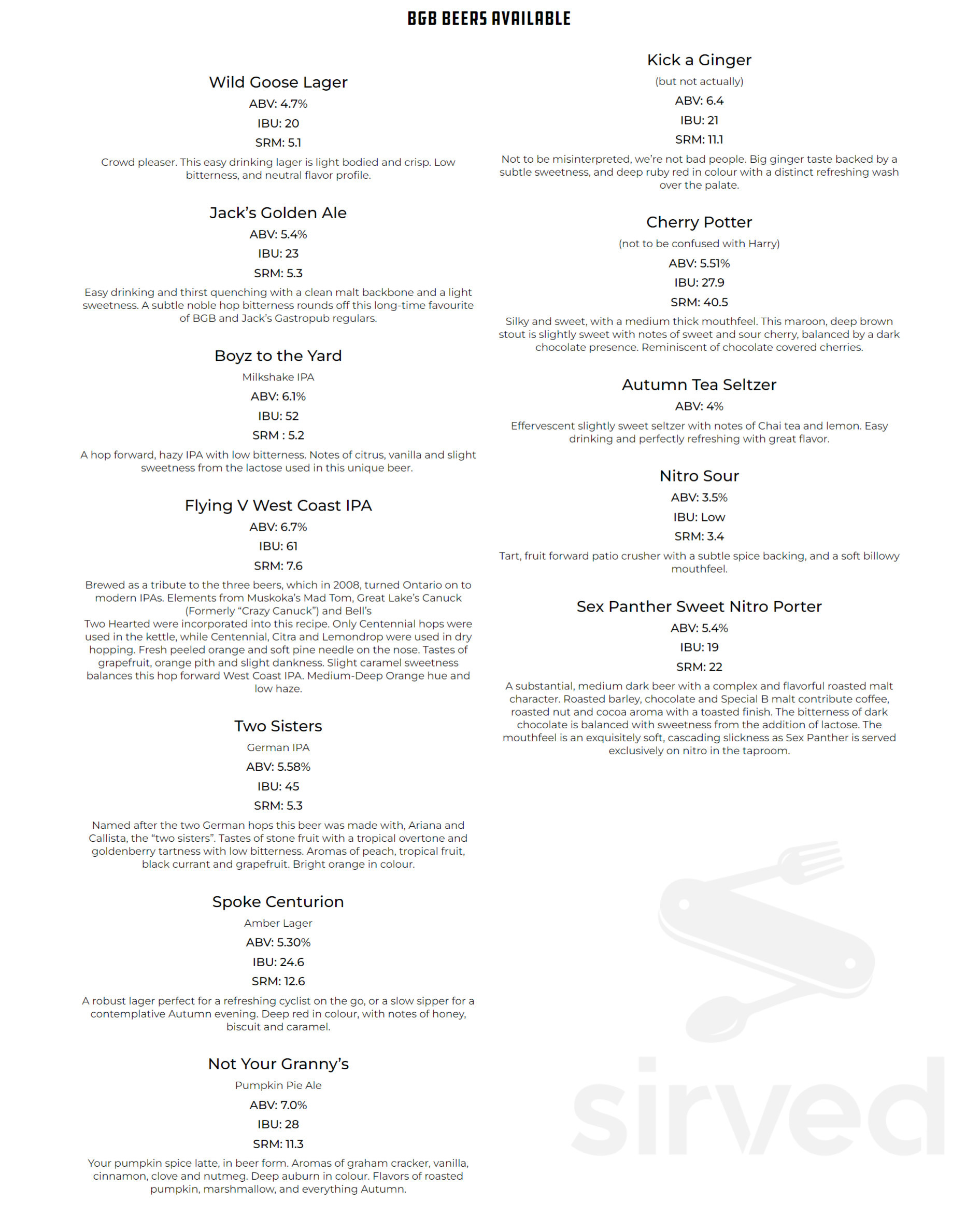 Menu - Kingsville ON's Banded Goose Brewery & Taproom | Sirved