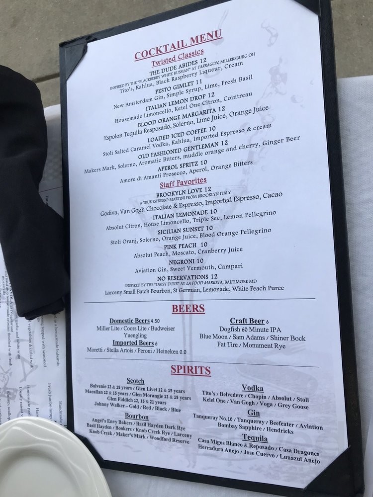 La Tavola menu in Baltimore, Maryland, USA