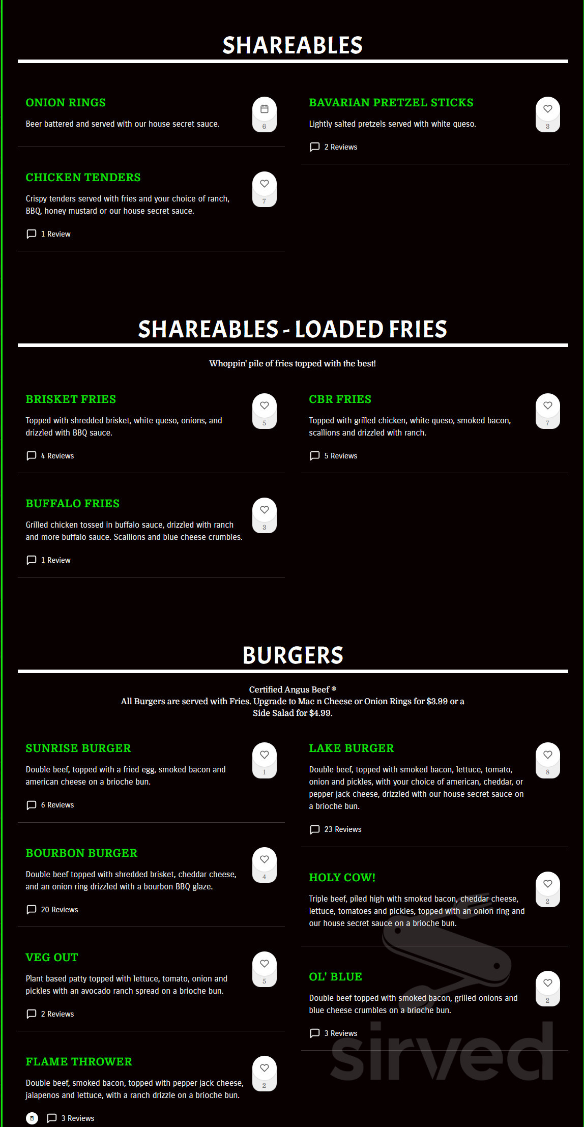 Lake Burger menu in Gravois Mills, Missouri, USA