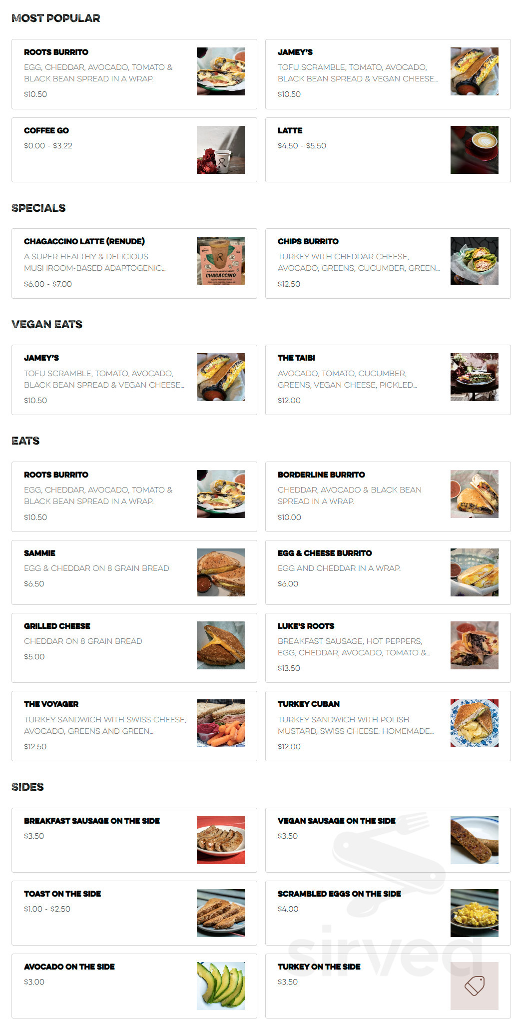 Menu - Brooklyn NY's Roots Cafe | Sirved