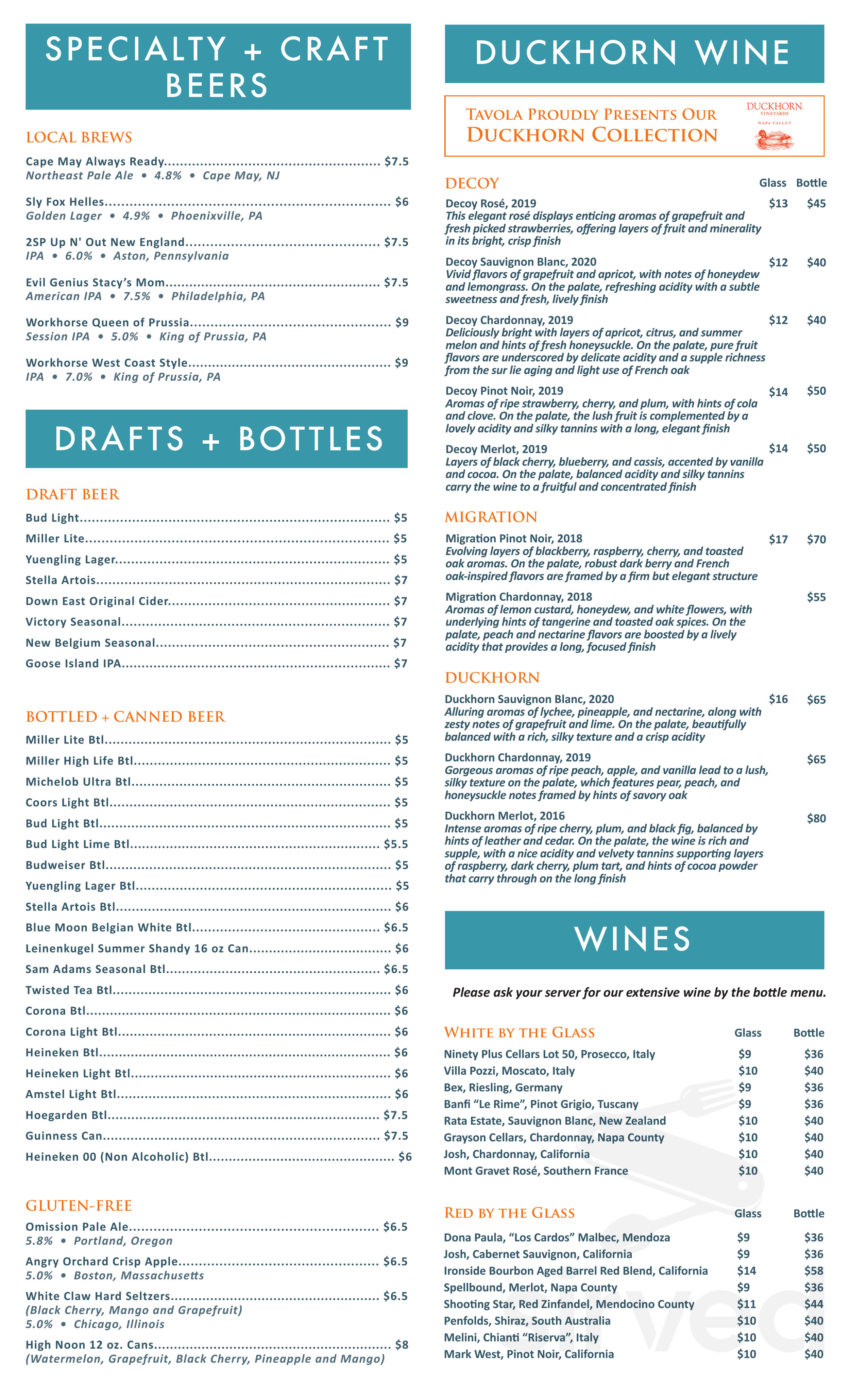 Menu - Springfield PA's Tavola Restaurant + Bar | Sirved