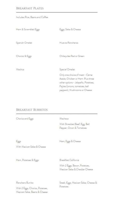 Castaneda's Mexican food menu in Riverside, California, USA