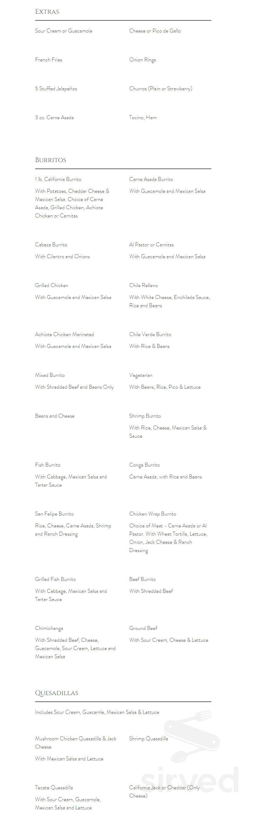 Castaneda's Mexican food menu in Riverside, California, USA