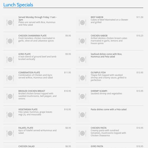 Olympus menu in New Iberia, Louisiana, USA