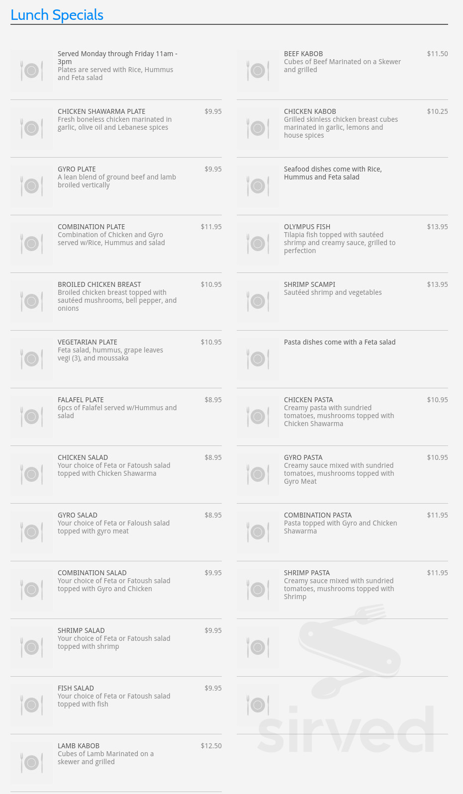 Olympus menu in New Iberia, Louisiana, USA