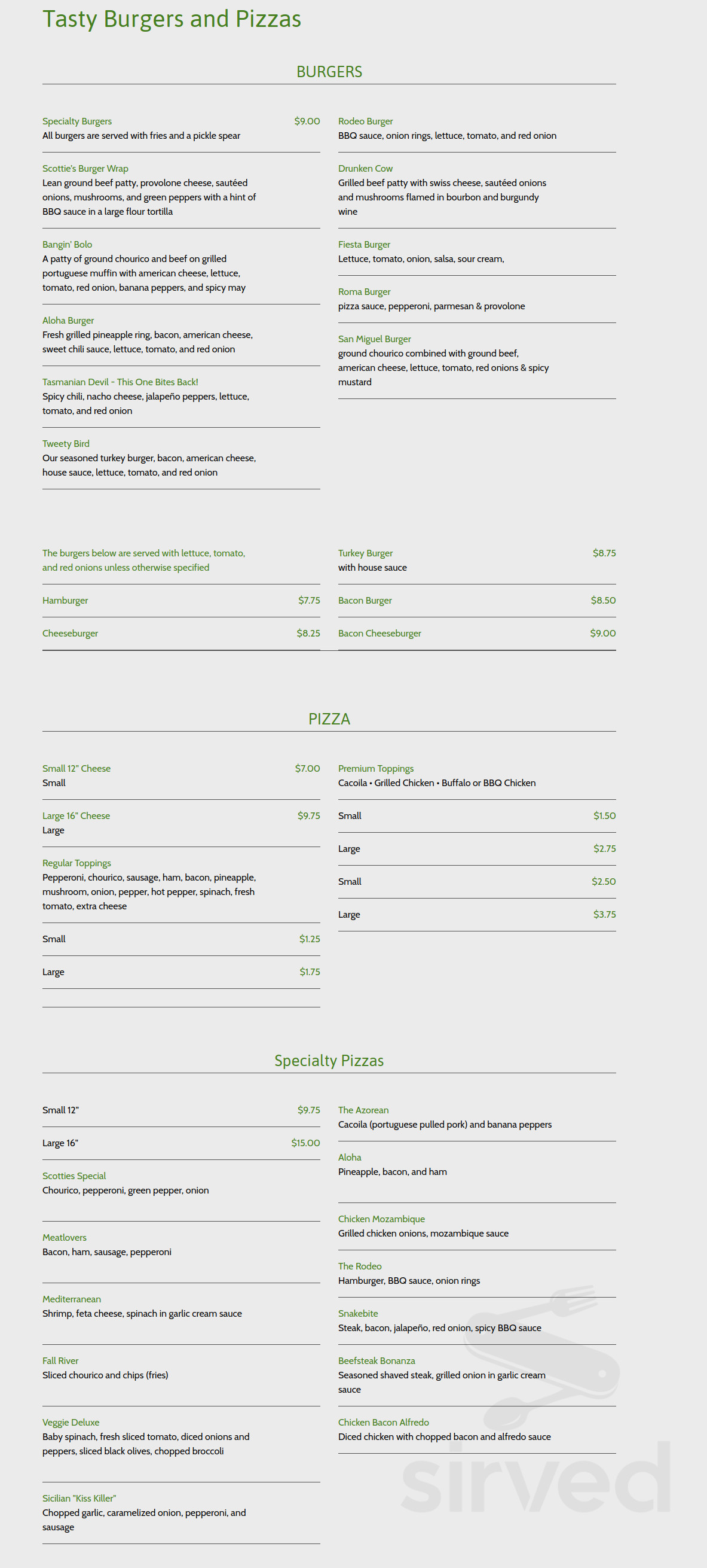 Scotties Pub menu in Fall River, Massachusetts, USA