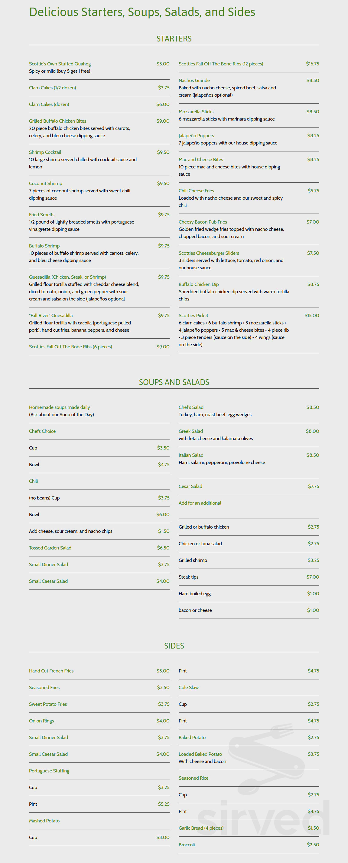 Scotties Pub menu in Fall River, Massachusetts, USA