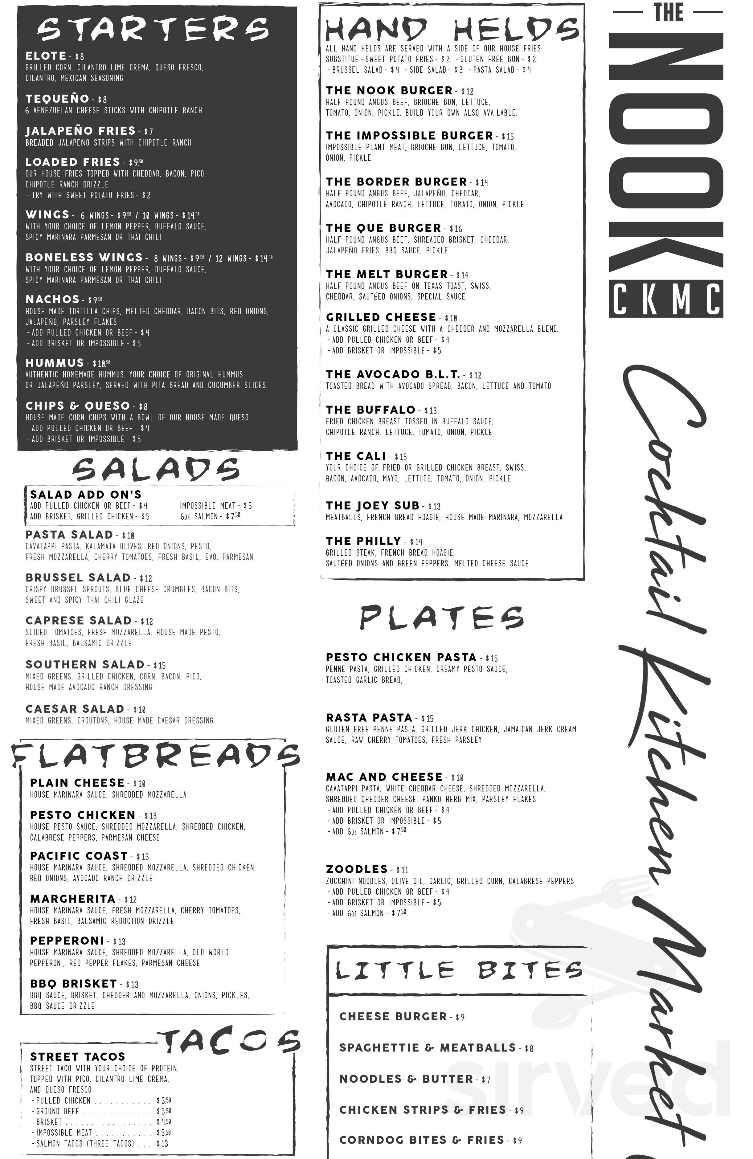 Menu - Celina TX's The Nook CKMC | Sirved