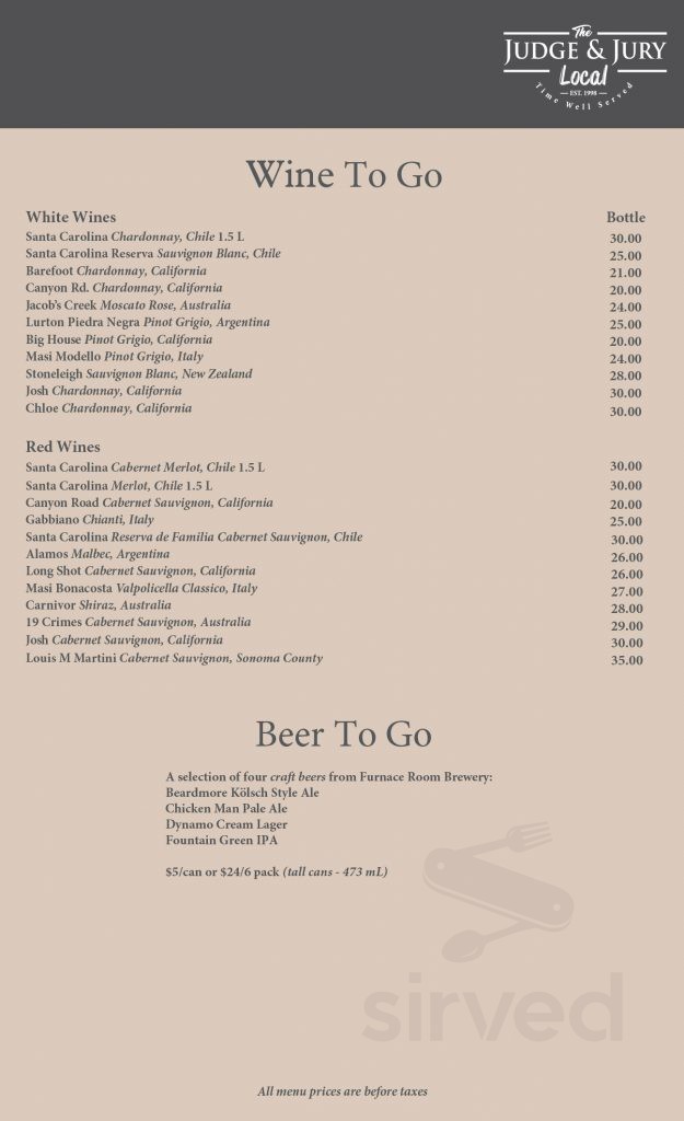 Menu for The Judge & Jury in Burlington, ON | Sirved