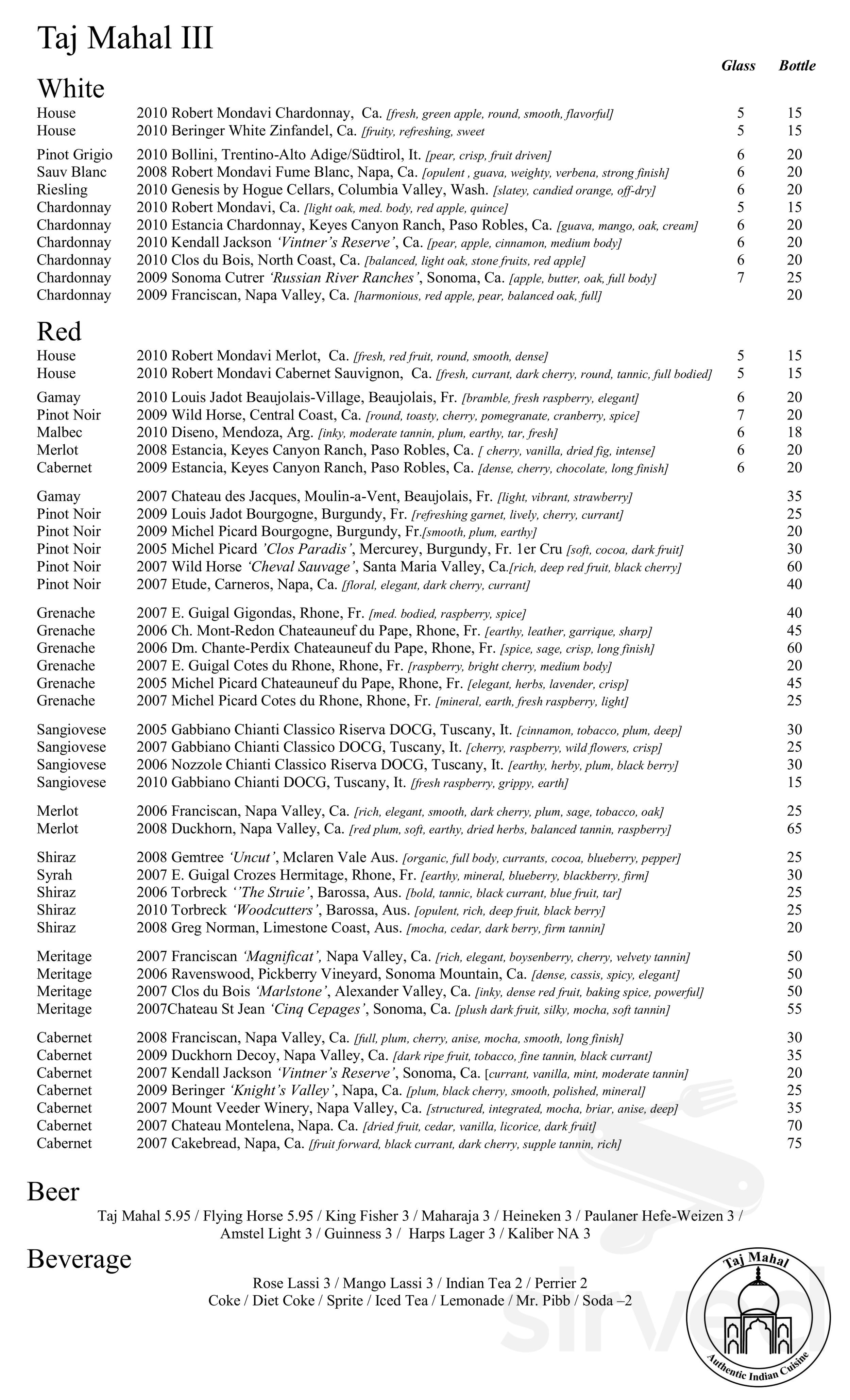 Menu - Louisville CO's Taj Mahal 3 Restaurant & Bar | Sirved