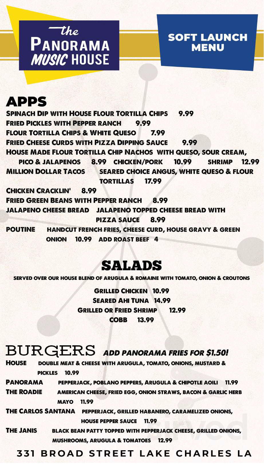 Panorama Music House menu in Lake Charles, Louisiana, USA