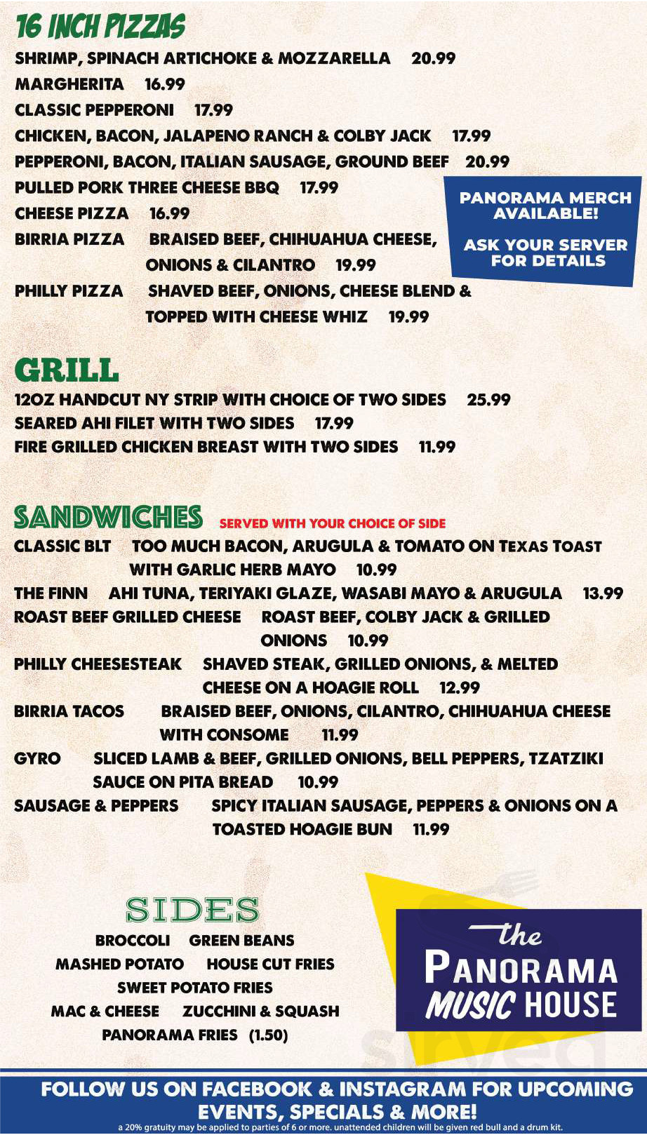 Panorama Music House menu in Lake Charles, Louisiana, USA