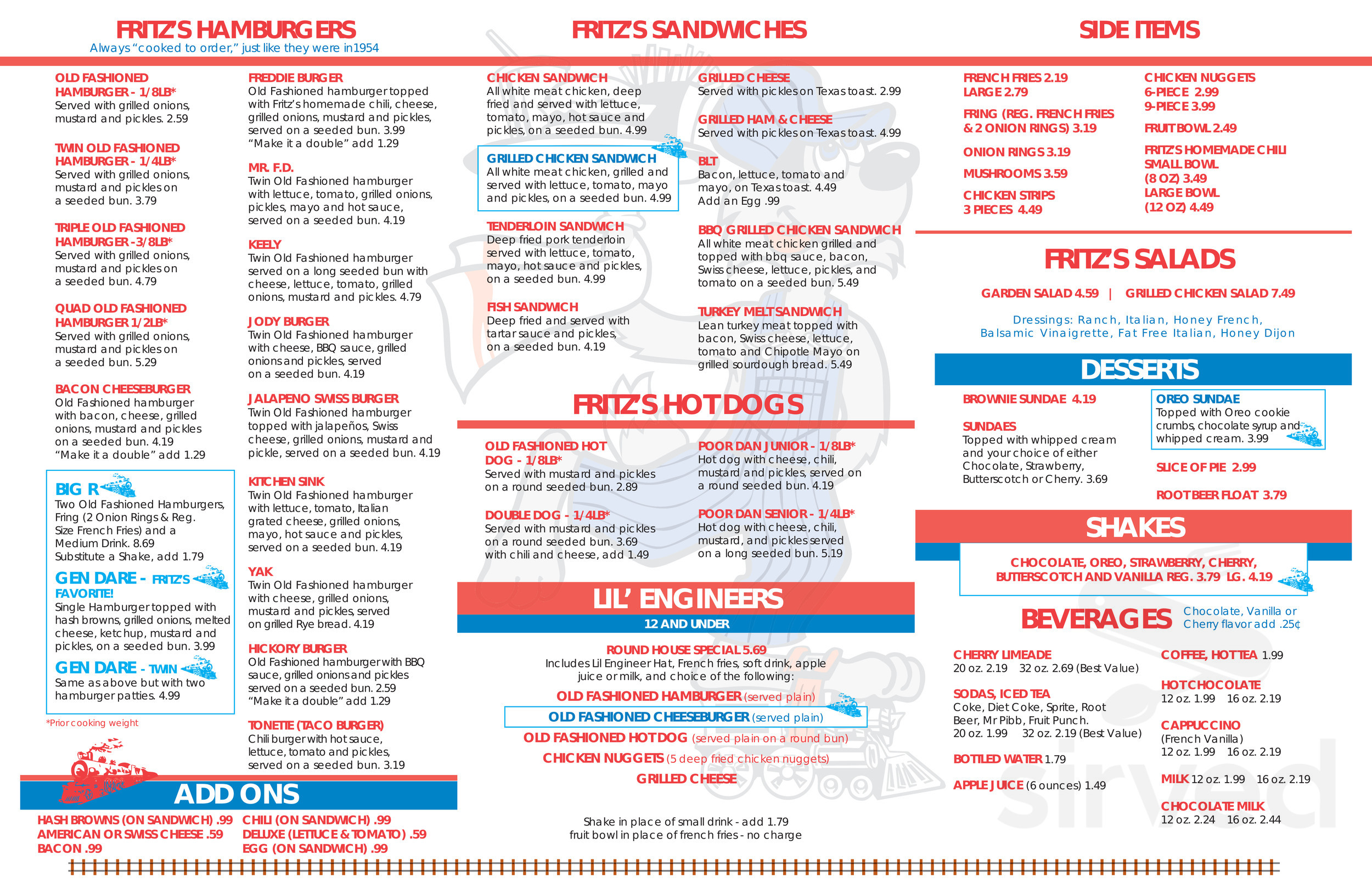 Fritz's menu in Kansas City, Kansas, USA