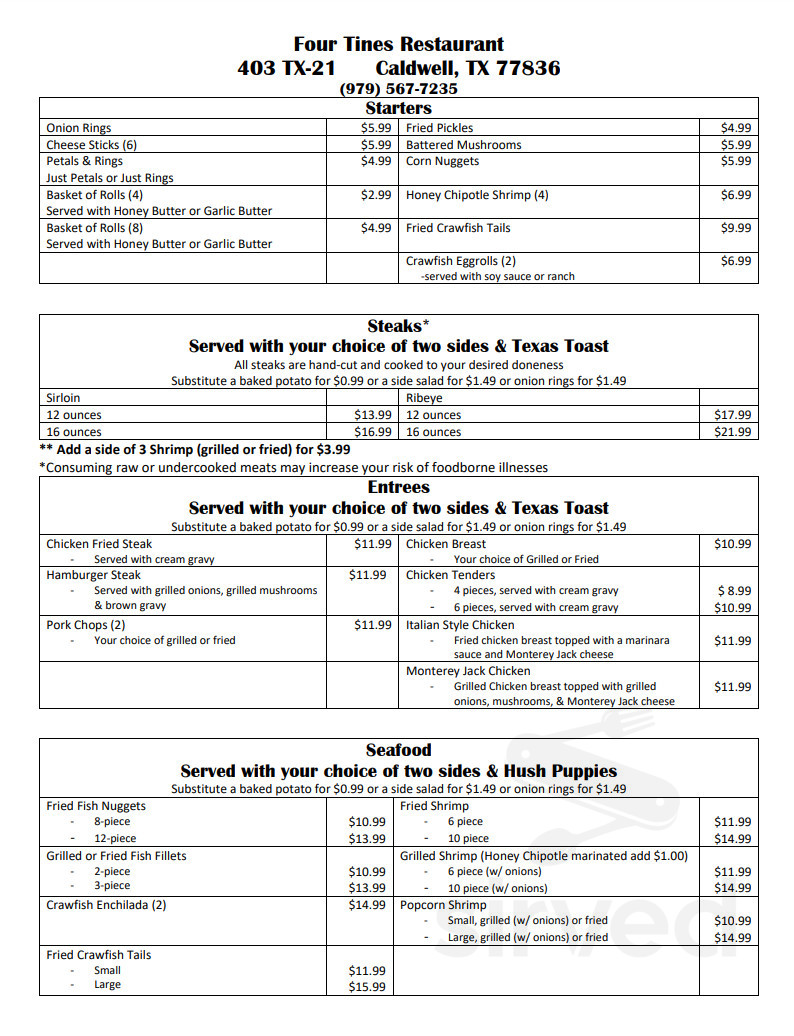 Four Tines Restaurant at the Surrey menus in Caldwell, Texas, United States