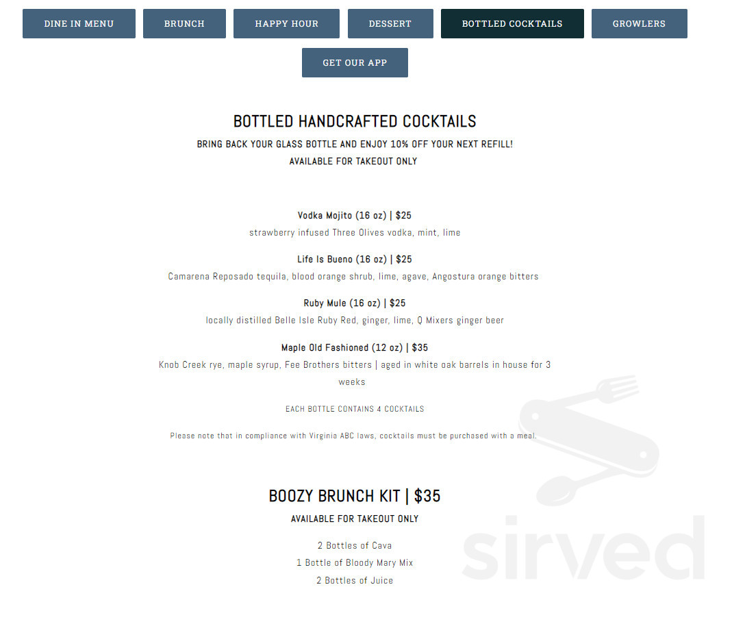 Open Road Rosslyn menu in Arlington, Virginia, USA