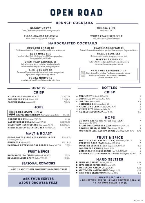 Open Road Rosslyn menu in Arlington, Virginia, USA