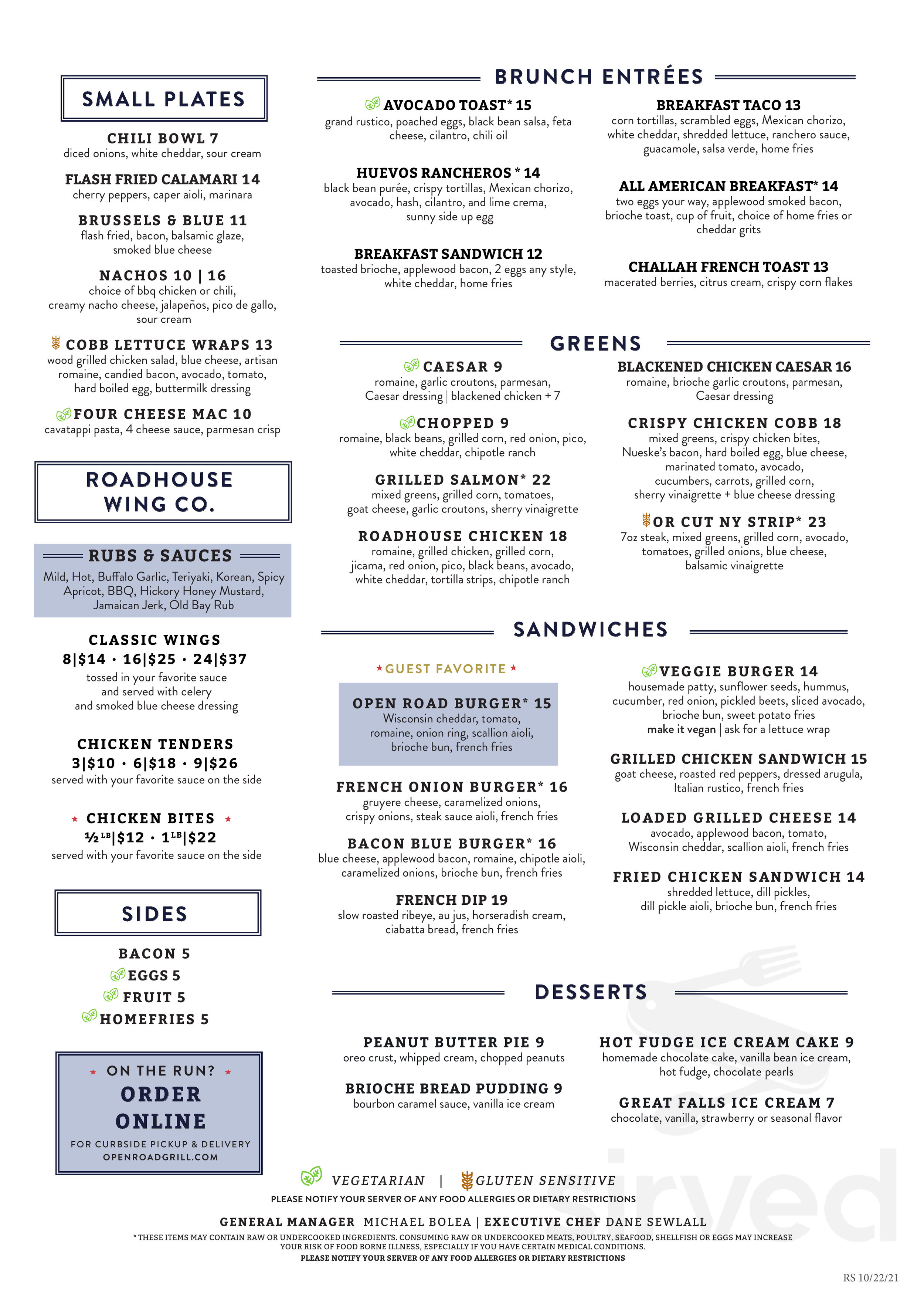 Open Road Rosslyn menu in Arlington, Virginia, USA