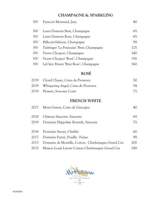 Mirbeau Inn & Spa Skaneateles menu in Skaneateles, New York, USA