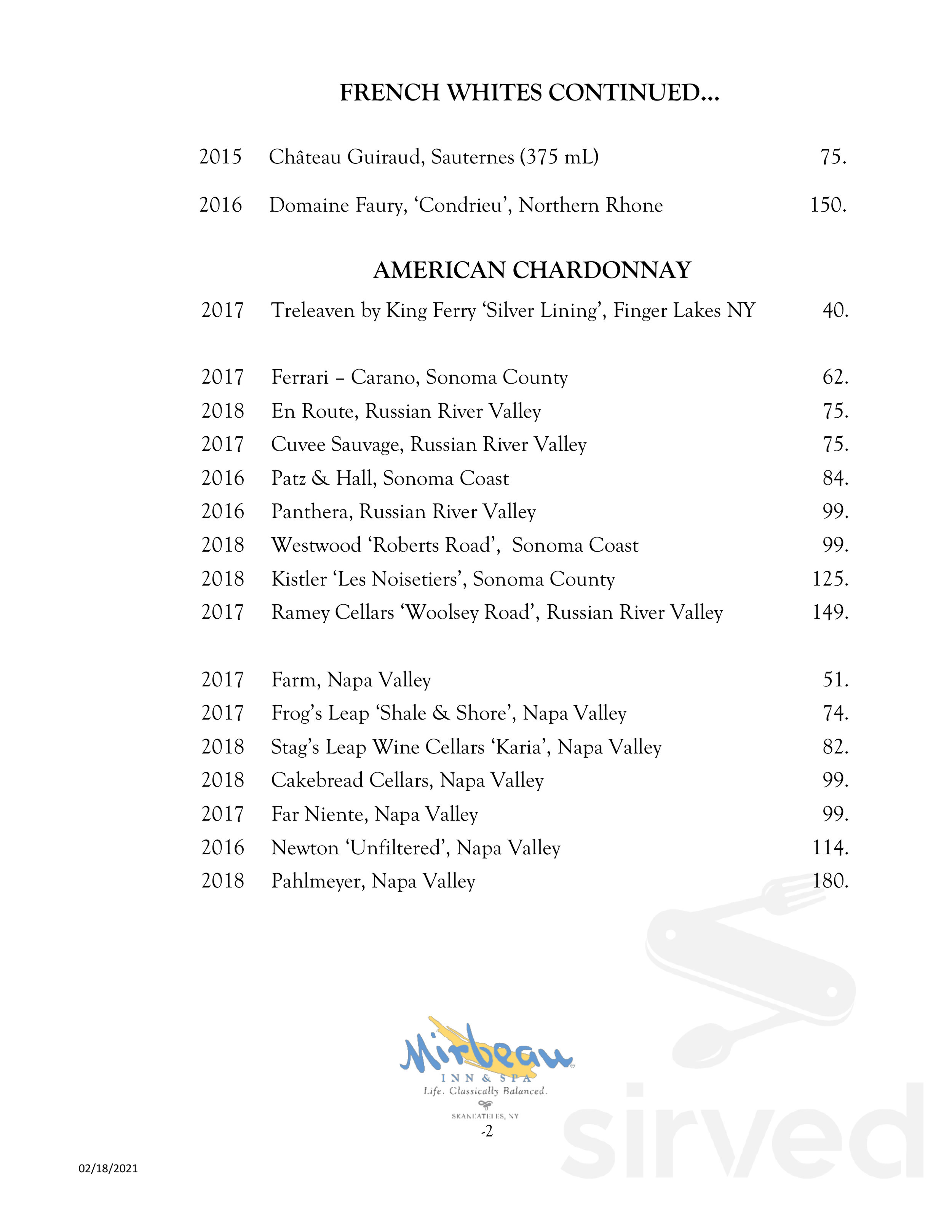 Mirbeau Inn & Spa Skaneateles menu in Skaneateles, New York, USA