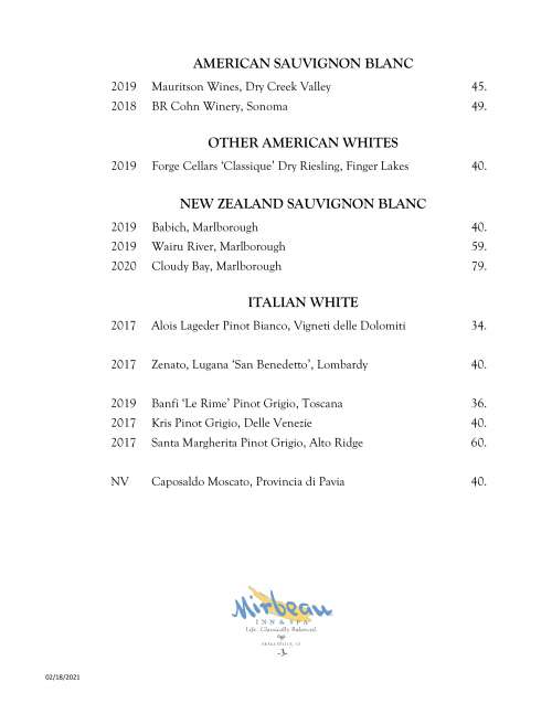 Mirbeau Inn & Spa Skaneateles menu in Skaneateles, New York, USA