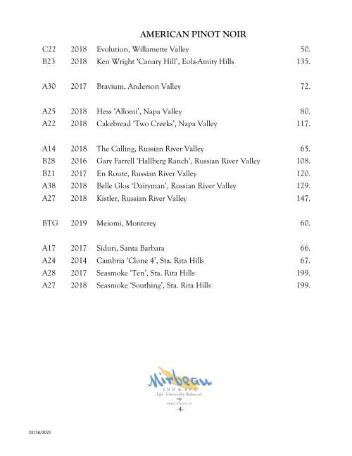 Mirbeau Inn & Spa Skaneateles menu in Skaneateles, New York, USA