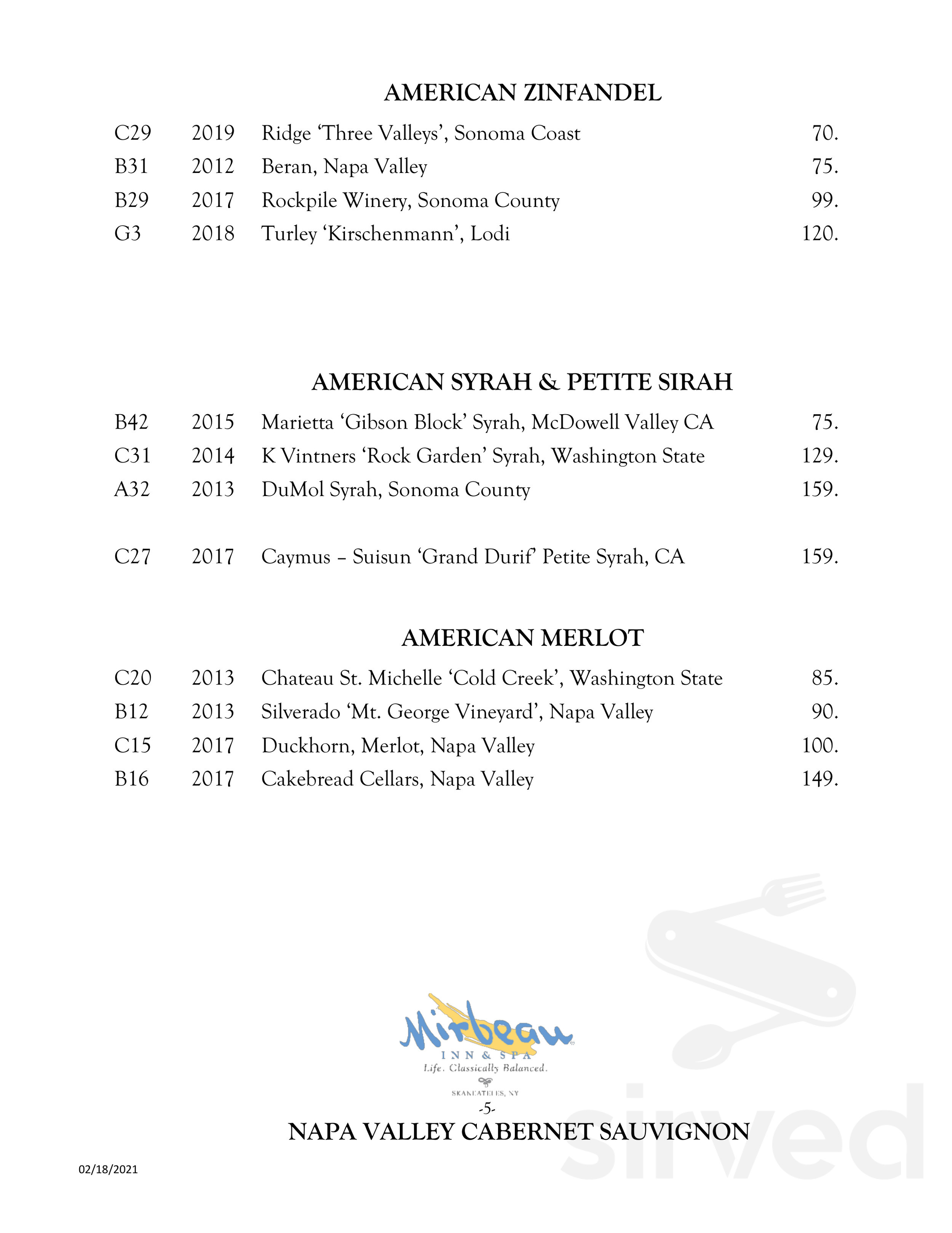 Mirbeau Inn & Spa Skaneateles menu in Skaneateles, New York, USA