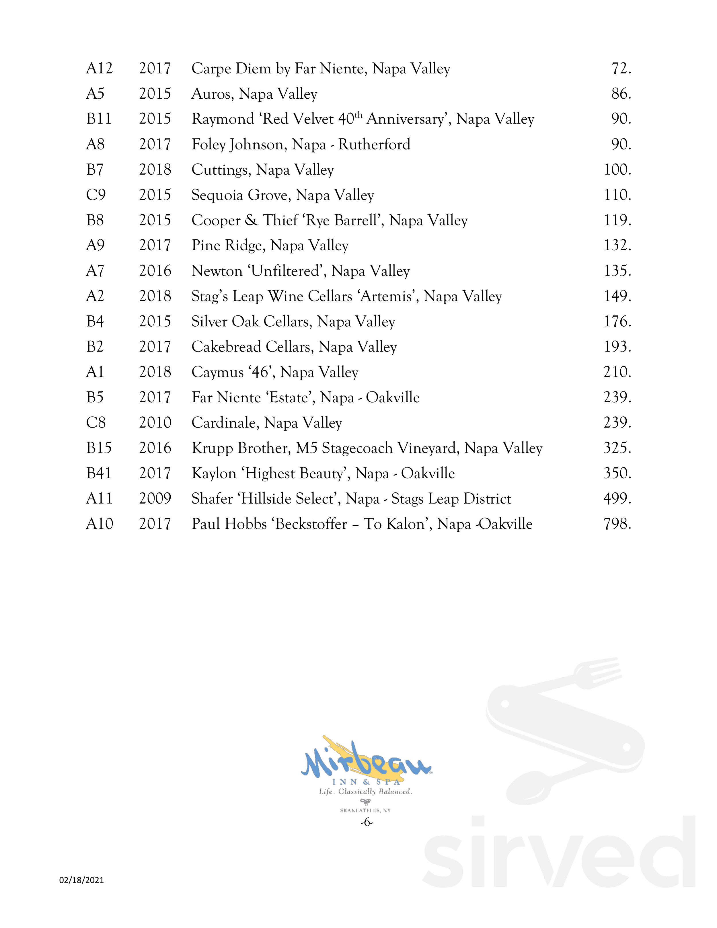 Mirbeau Inn & Spa Skaneateles menu in Skaneateles, New York, USA