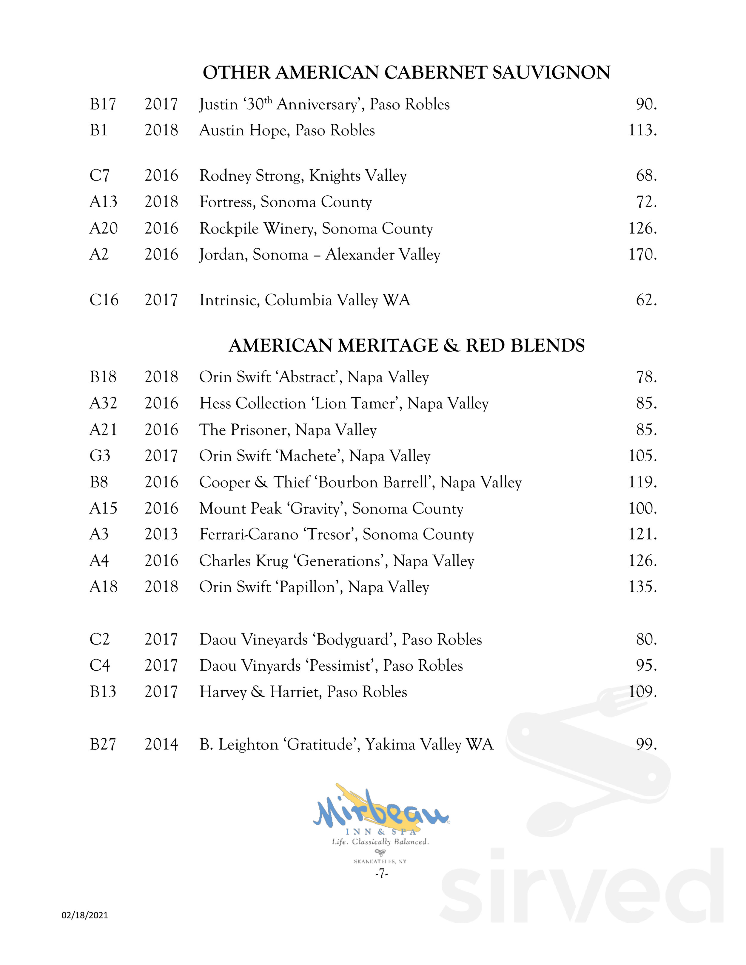 Mirbeau Inn & Spa Skaneateles menu in Skaneateles, New York, USA