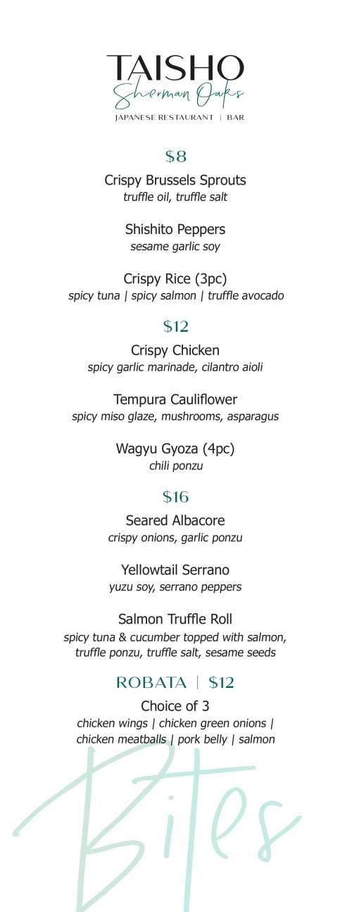 Taisho menu in Sherman Oaks, California, USA