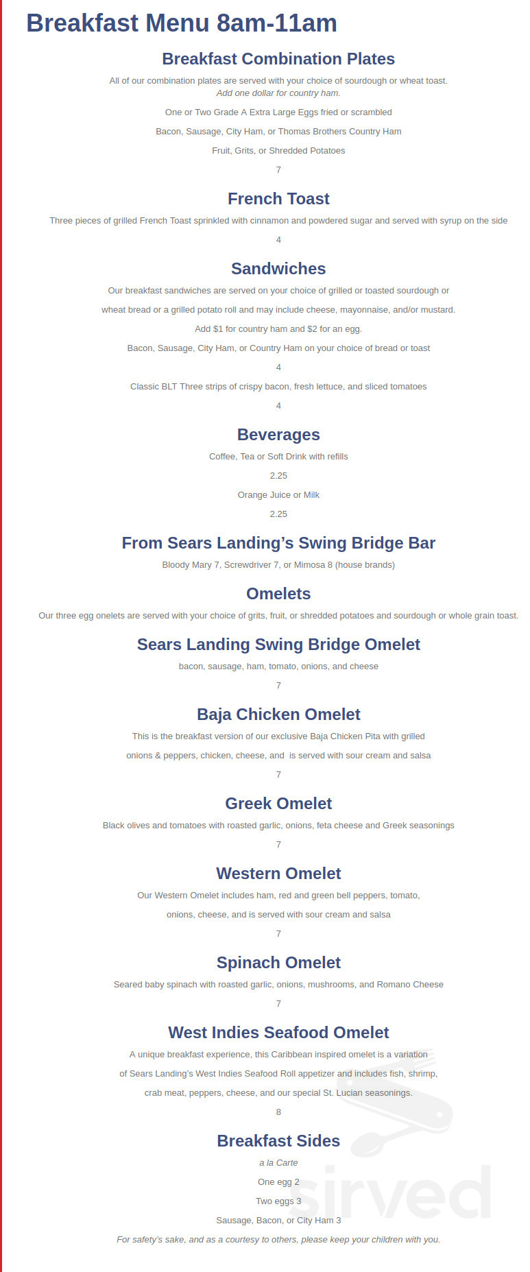 Menu for Sears Landing in Surf City, NC | Sirved
