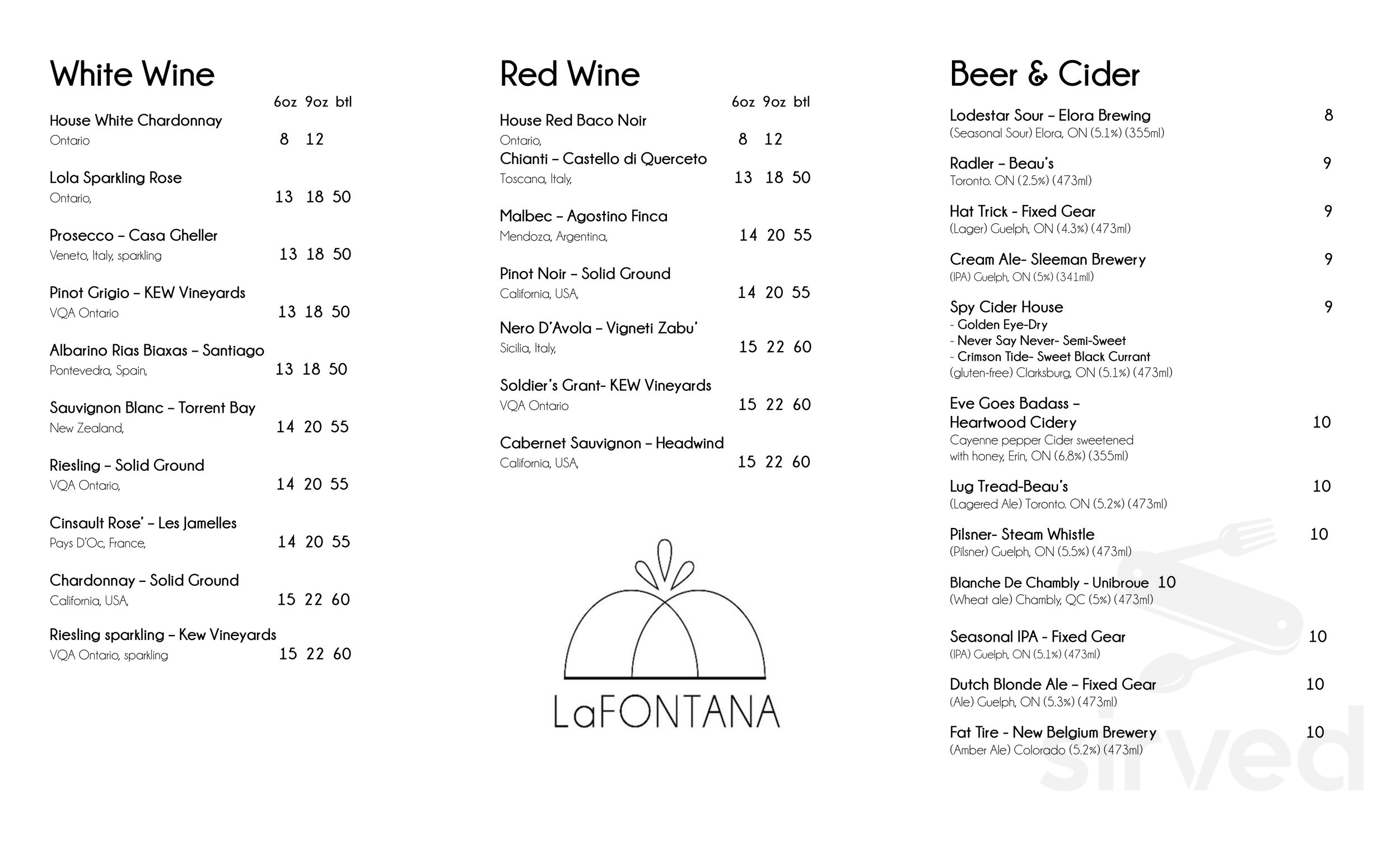 La Fontana menu in Elora, Ontario, Canada