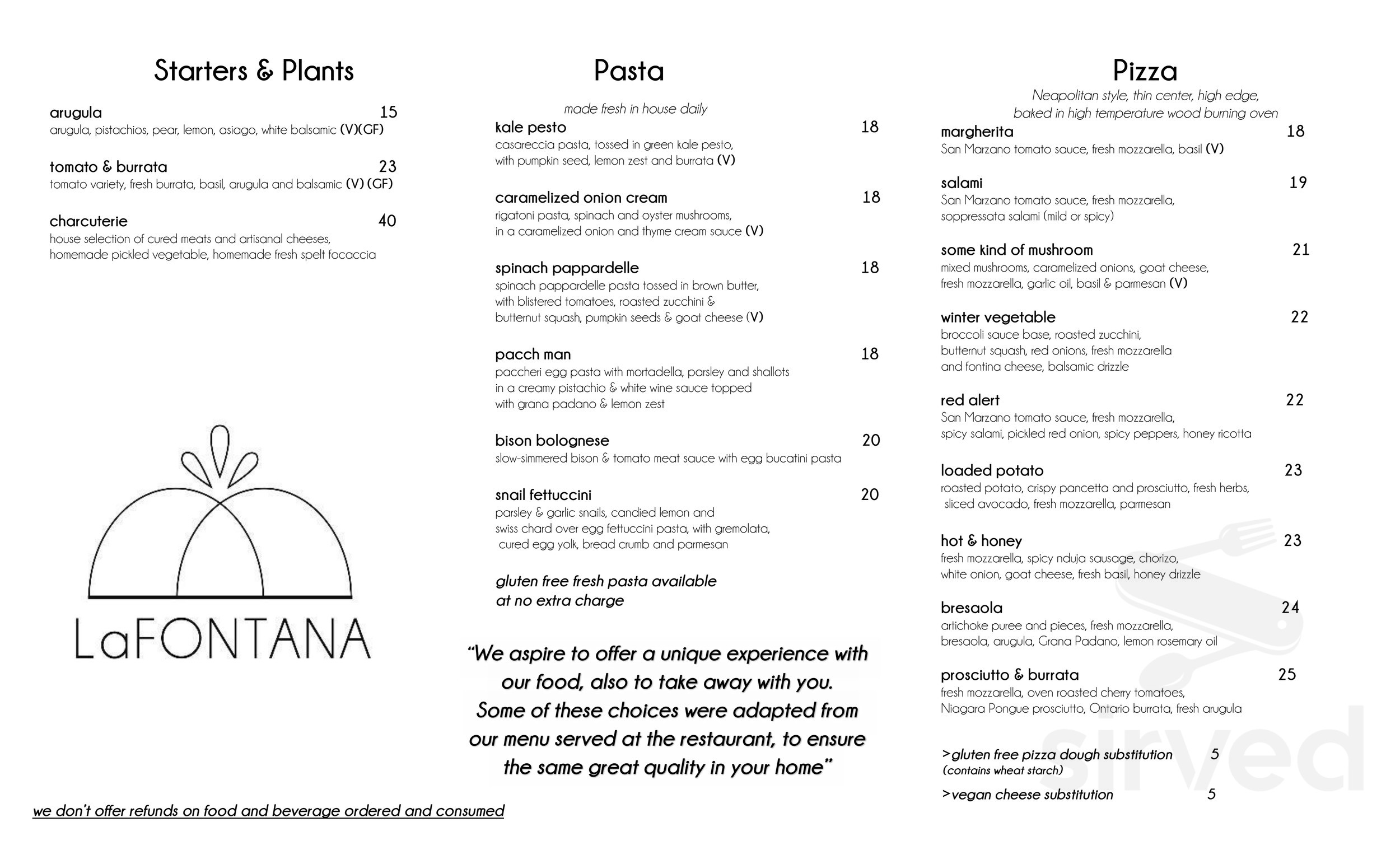 La Fontana menu in Elora, Ontario, Canada