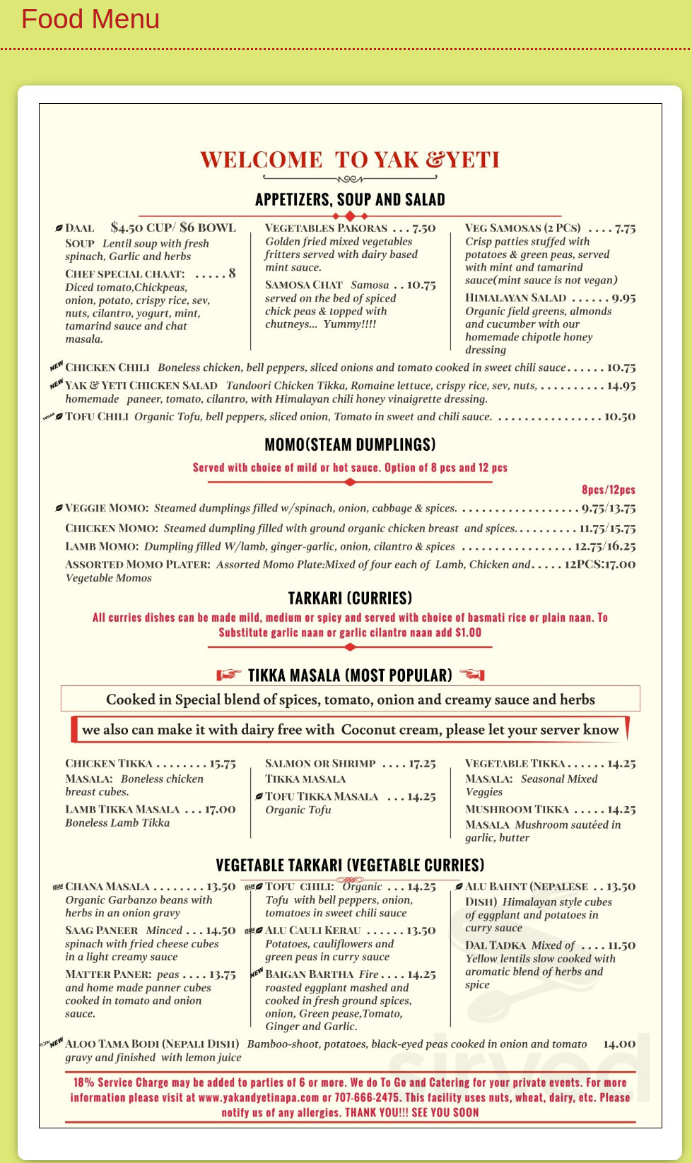 Menu - Napa CA's Yak and Yeti restaurant | Sirved