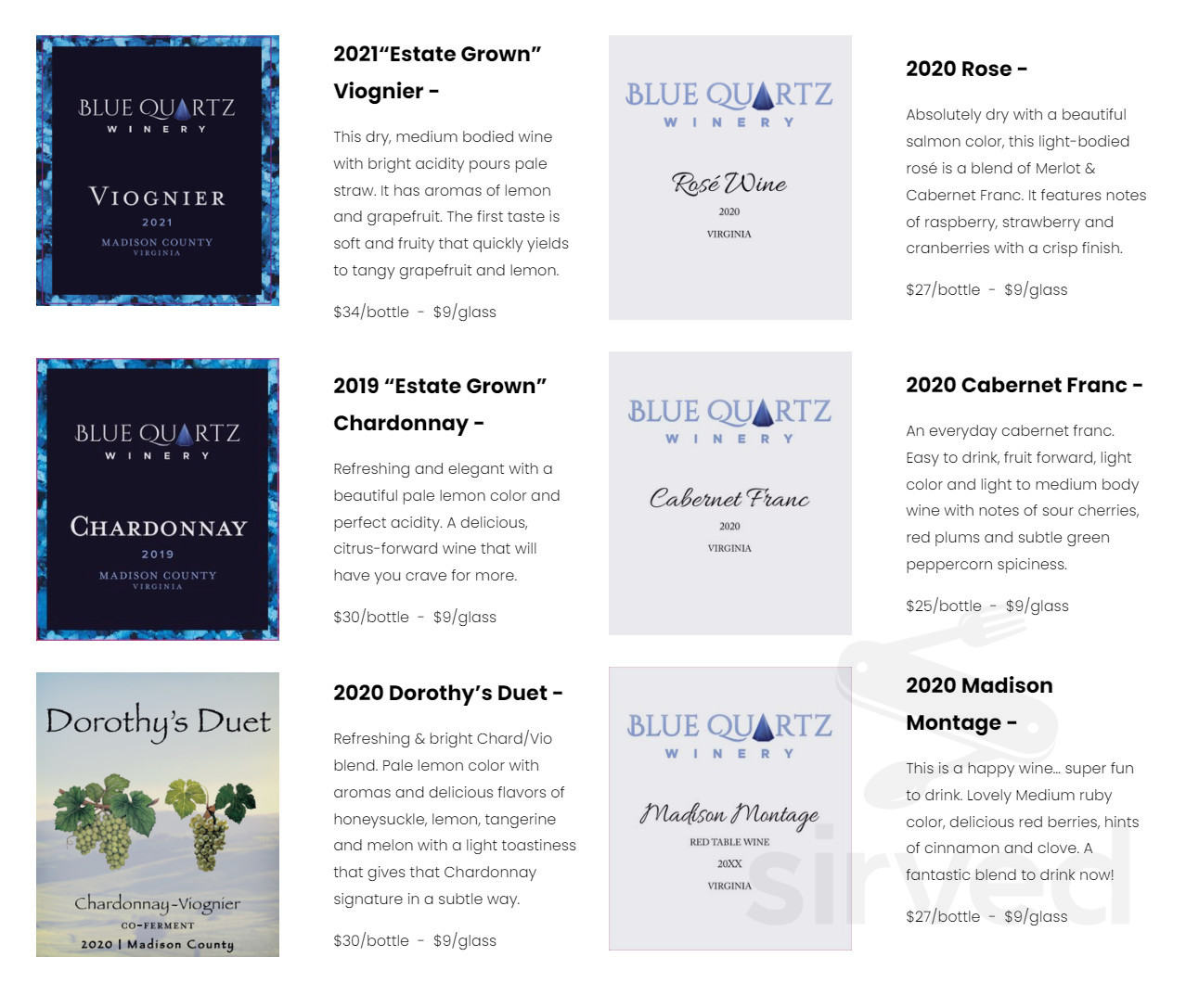 Blue Quartz Winery menu in Etlan, Virginia, USA