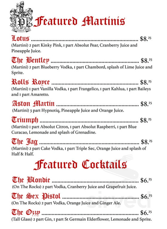 Parliament Pub menu in Omaha, Nebraska, USA