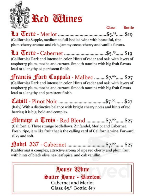 Parliament Pub menu in Omaha, Nebraska, USA