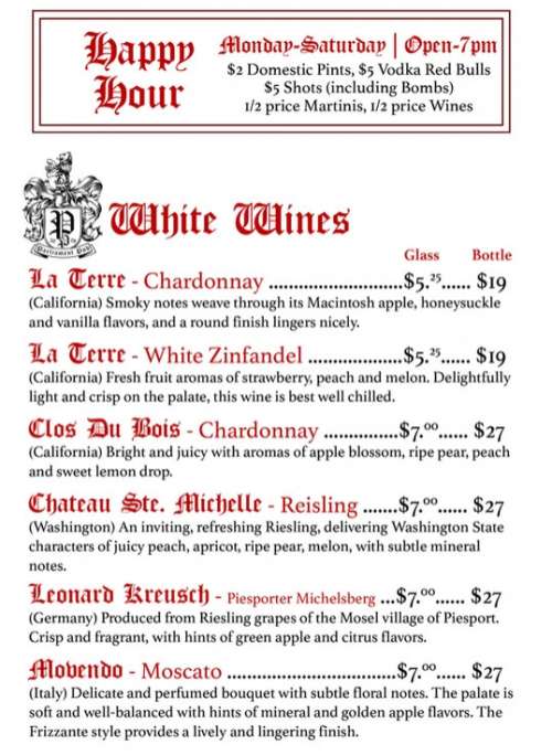 Parliament Pub menu in Omaha, Nebraska, USA