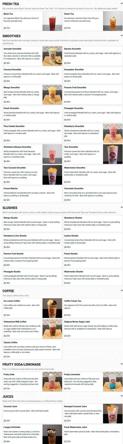 KOI CHA menu in Houston, Texas, USA