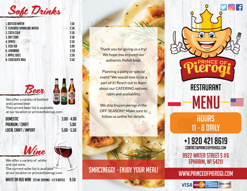 Prince of Pierogi Restaurant menu in Ephraim, Wisconsin, USA