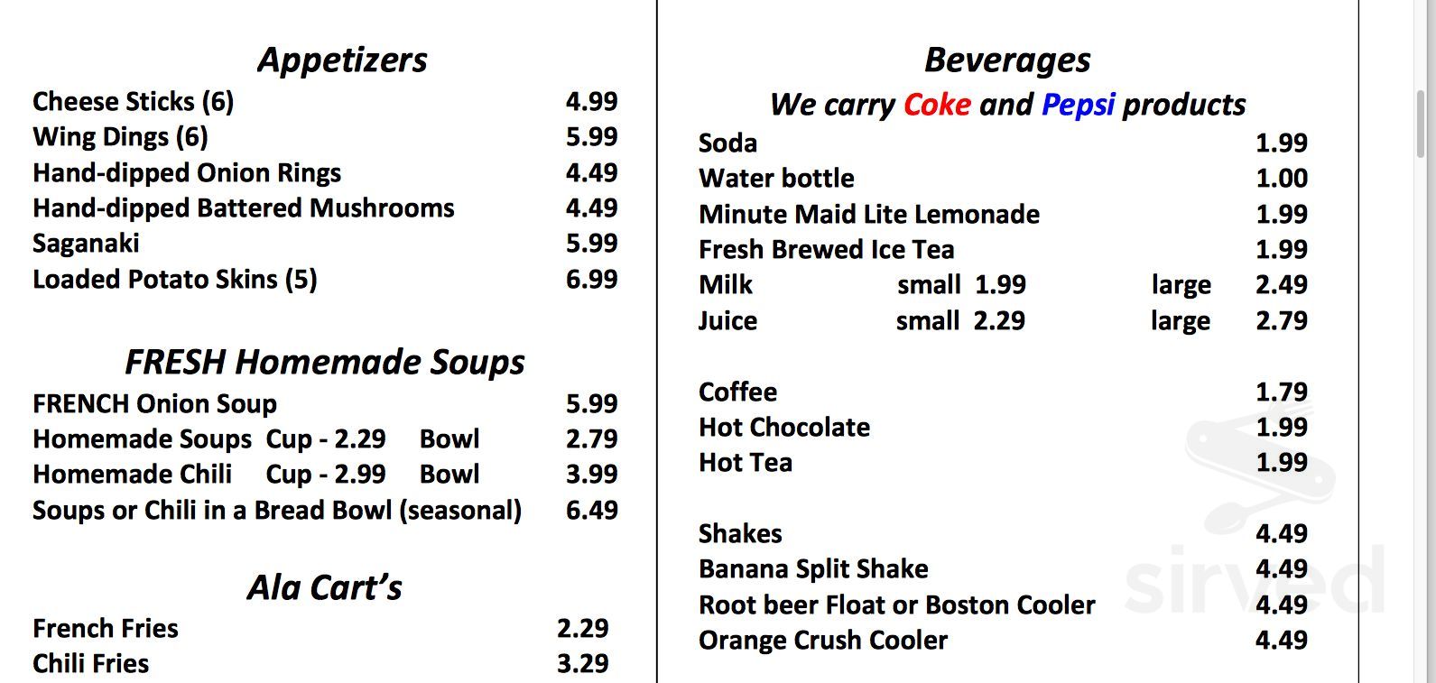 Four Corners' Diner menu in Romeo, Michigan, USA