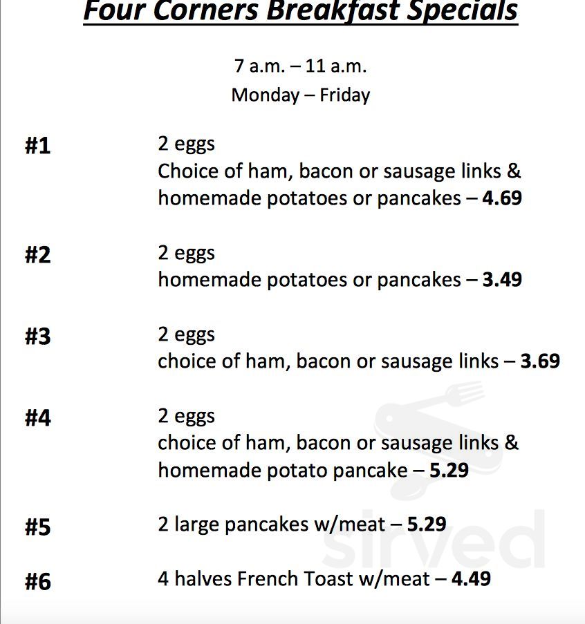 Four Corners' Diner menu in Romeo, Michigan, USA