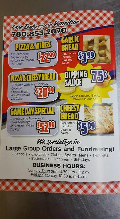 Vermilion Pizza menu in Vermilion, Alberta, Canada