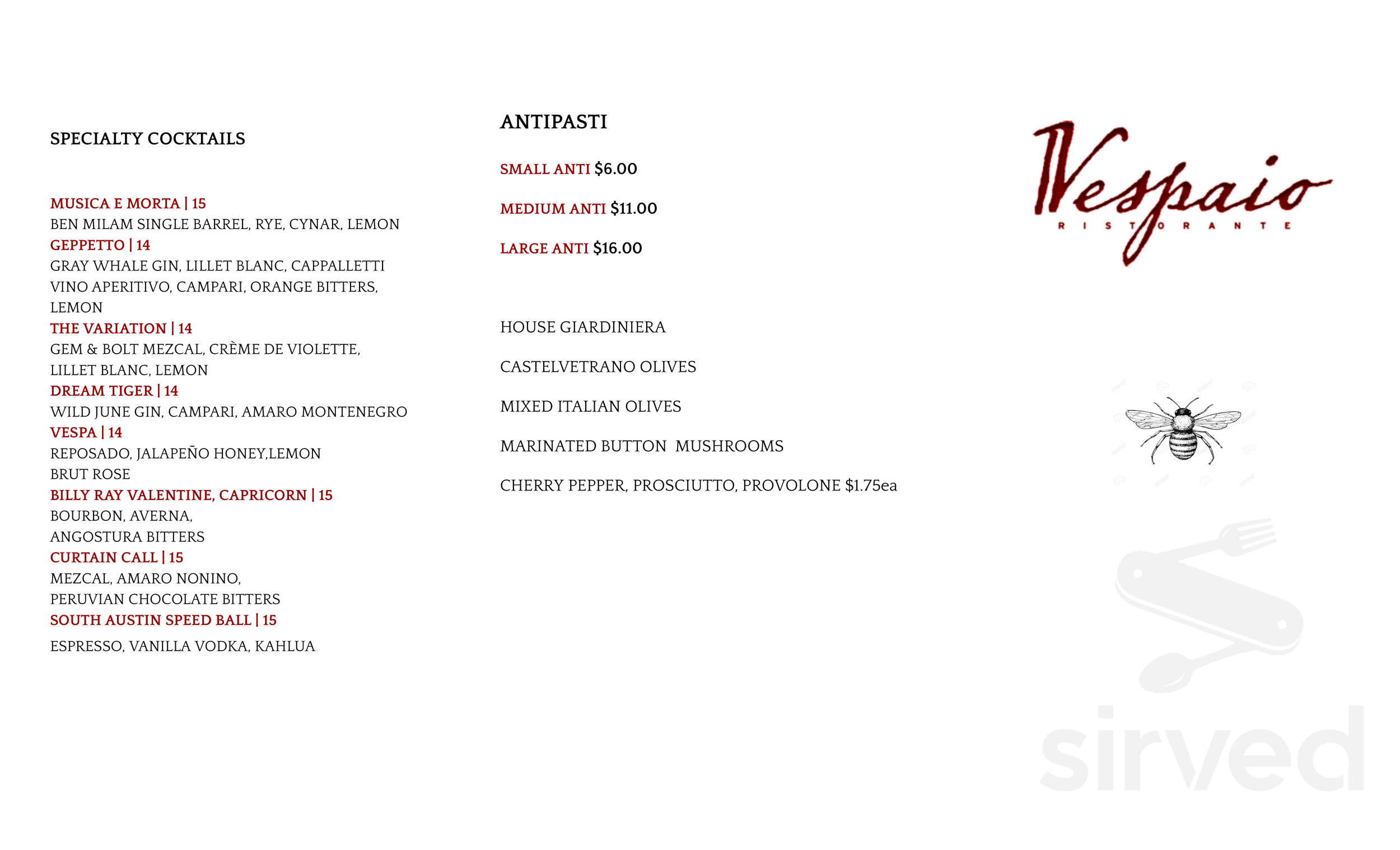 Vespaio Restaurant menu in Austin, Texas, USA