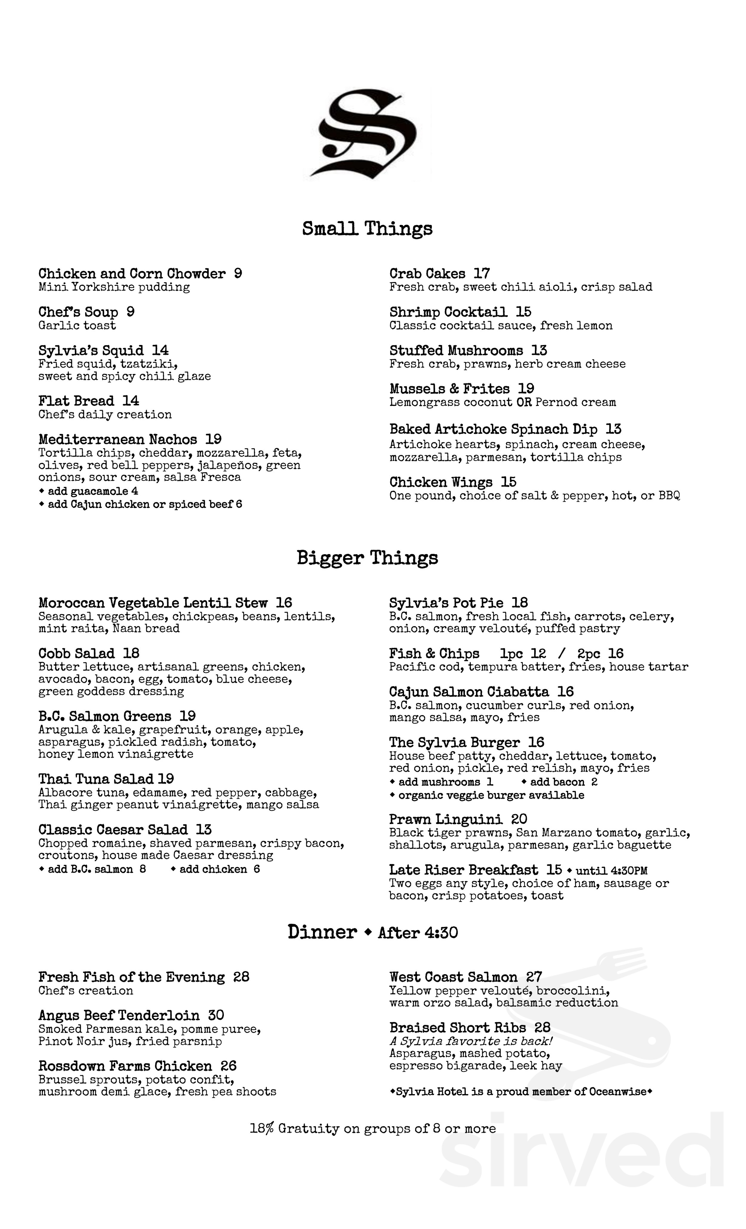 Sylvia Hotel, Restaurant and Lounge menu in Vancouver, British Columbia ...