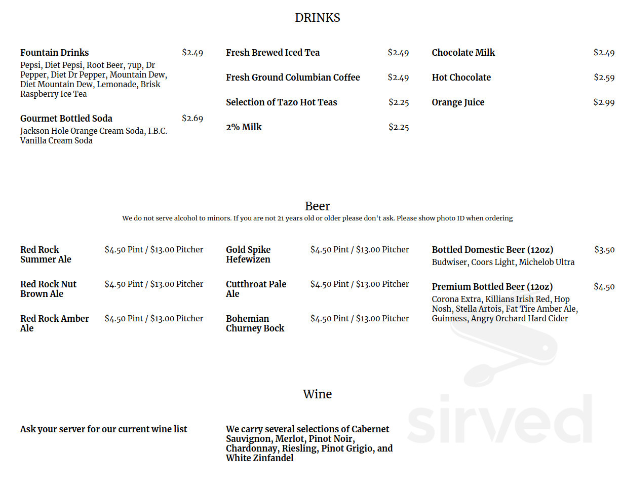 Taggart's Grill menu in Morgan, Utah, USA