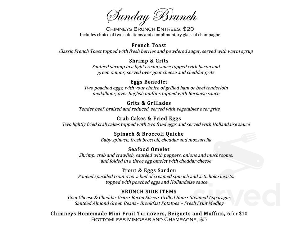 The Chimneys Restaurant menu in Gulfport, Mississippi, USA