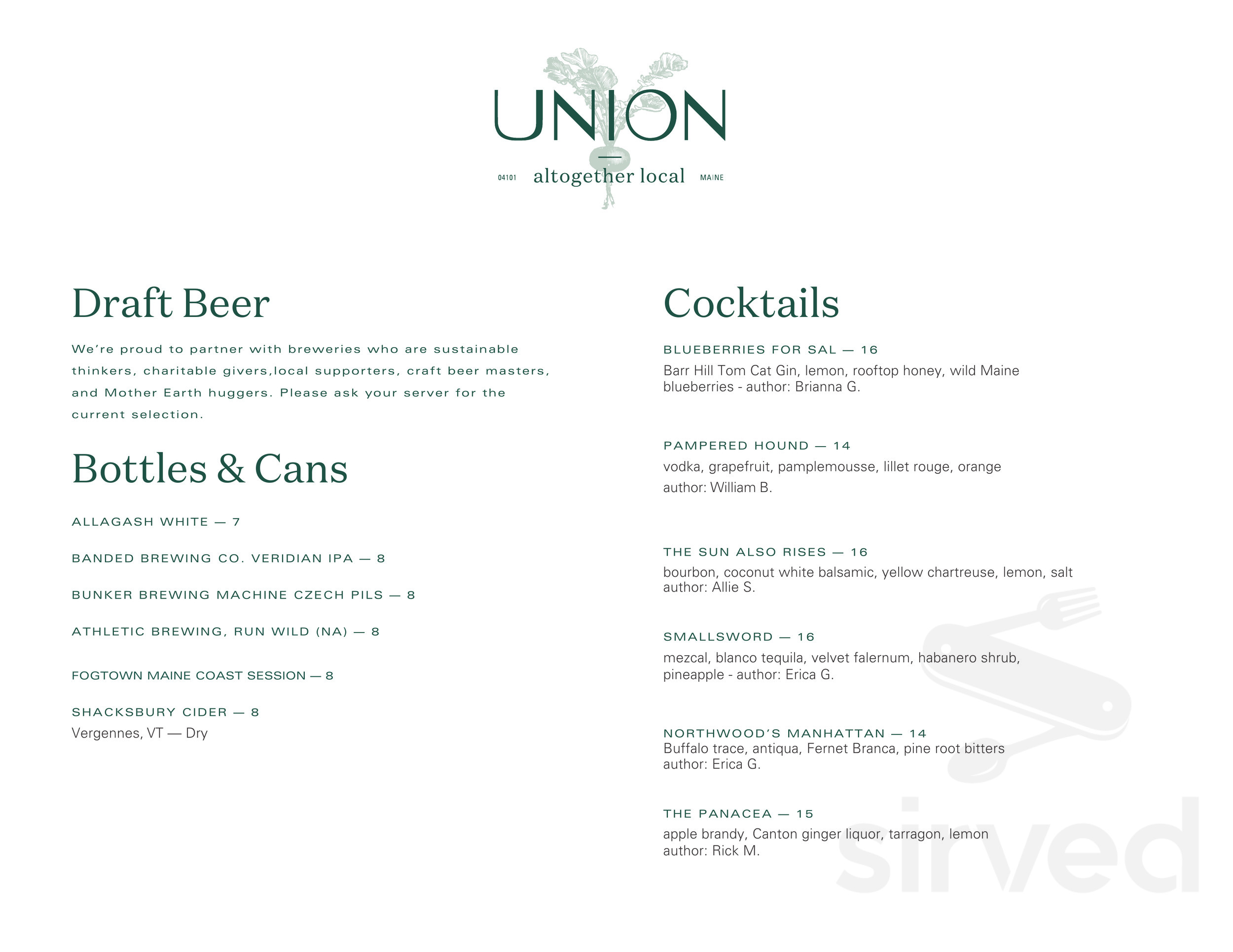 UNION Restaurant Menu - Portland, Maine | Sirved